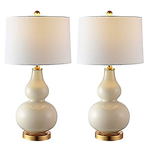 SAFAVIEH Lighting Collection Karlen Modern Contemporary Cream/ Gold Leaf Double Gourd 29-inch Bedroom Living Room Home Office Desk Nightstand Table Lamp Set of 2 (LED Bulbs Included)