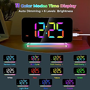 Poeroa RGB Alarm Clock,7.4” LED Mirror Digital Clocks Large Display,with Night Light,USB C Charger Port,Auto Dimmer,Modern Desk Clock for Bedroom Home Office Decor - Rose Gold