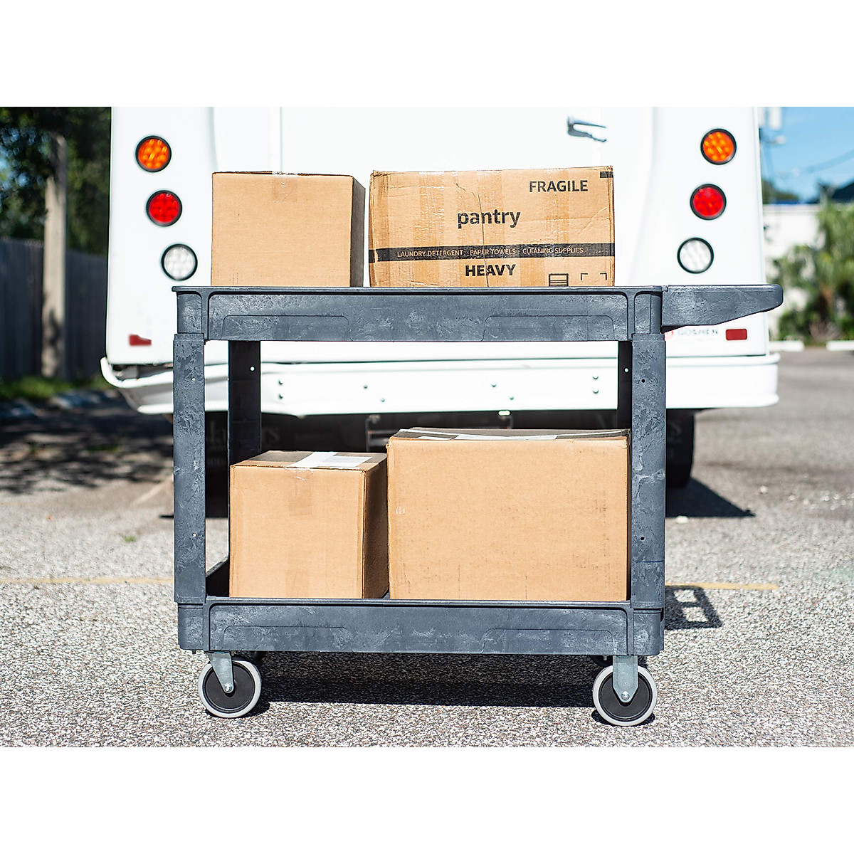 550lb Capacity Heavy Duty Plastic Utility Cart 46" L x 25-5/8" W with Handle 2 Shelves Pake Handling Tools