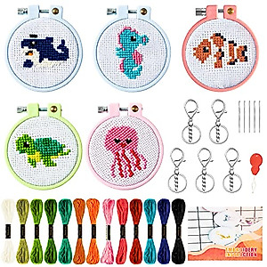 WATINC 5Pcs Embroidery Kit for Kids Stamped Cross Stitch DIY Key Chain with Sea Animals Patterns Needlepoint Starter Kits Ocean Animal Themed Educational Craft Supplies for Beginners Adults Schoolbag