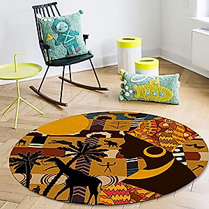 Large Area Rug for Living Room- African Women Rlephant Giraffe Silhouette Soft Comfort Carpet Home Decorate Contemporary Runner Rugs, 4' Diameter