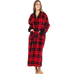 Alexander Del Rossa Long Zip Up Robes for Women, Plush Zipper Robes for Women Plus Size, Housecoats for Women Zipper Front Red Black Plaid with Black XL (A0258Q4BXL)