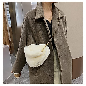 Rejolly Furry Purse for Girls Heart Shaped Fluffy Faux Fur Handbag for Women Soft Small Valentine's Day Shoulder Bag Clutch Purse with Pom Poms Creamy White