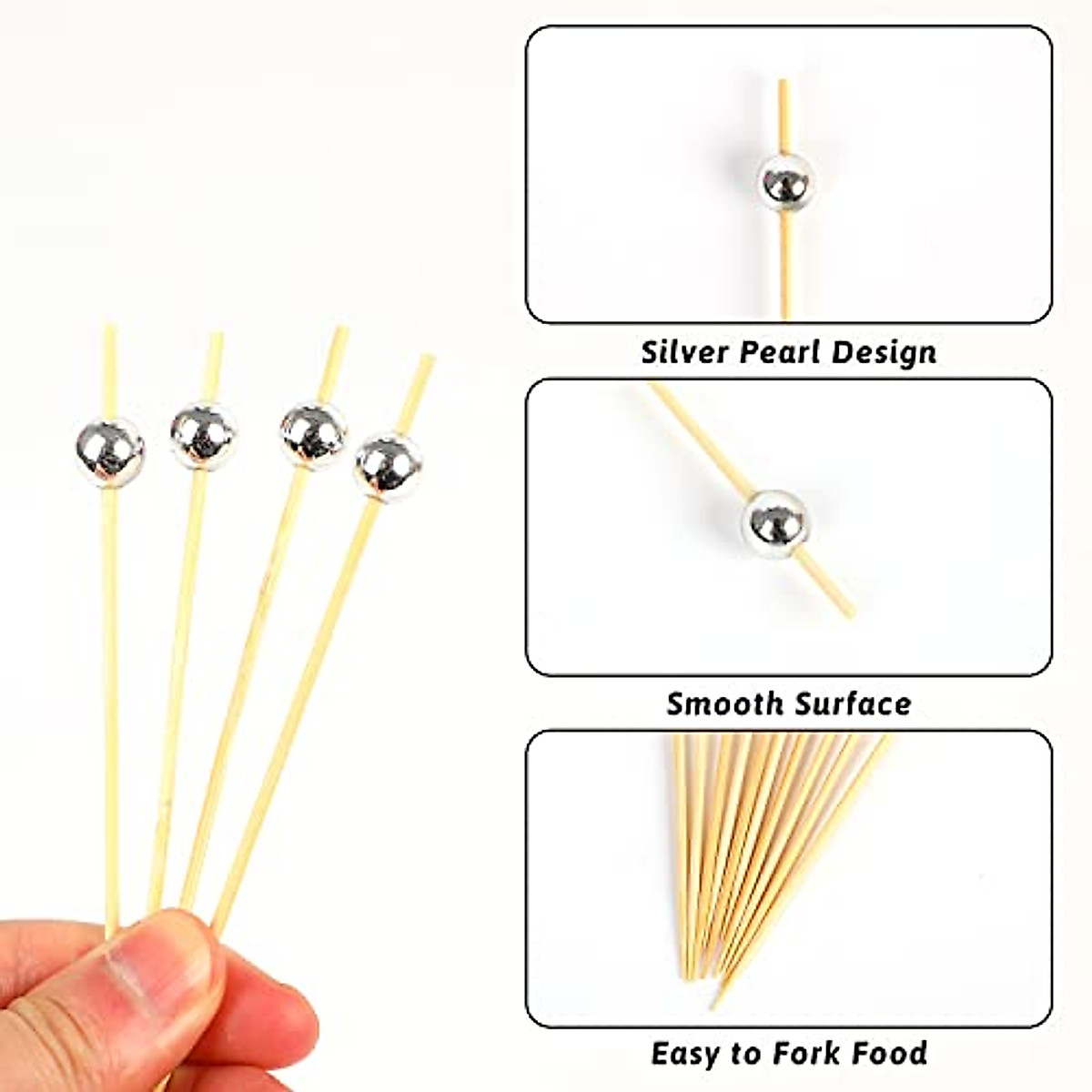 KIMOBER 100PCS Cocktail Picks,Silver Pearl Handmade Bamboo Cocktail Toothpicks for Appetizers Fruit Party,Cocktail Sticks Party Supplies