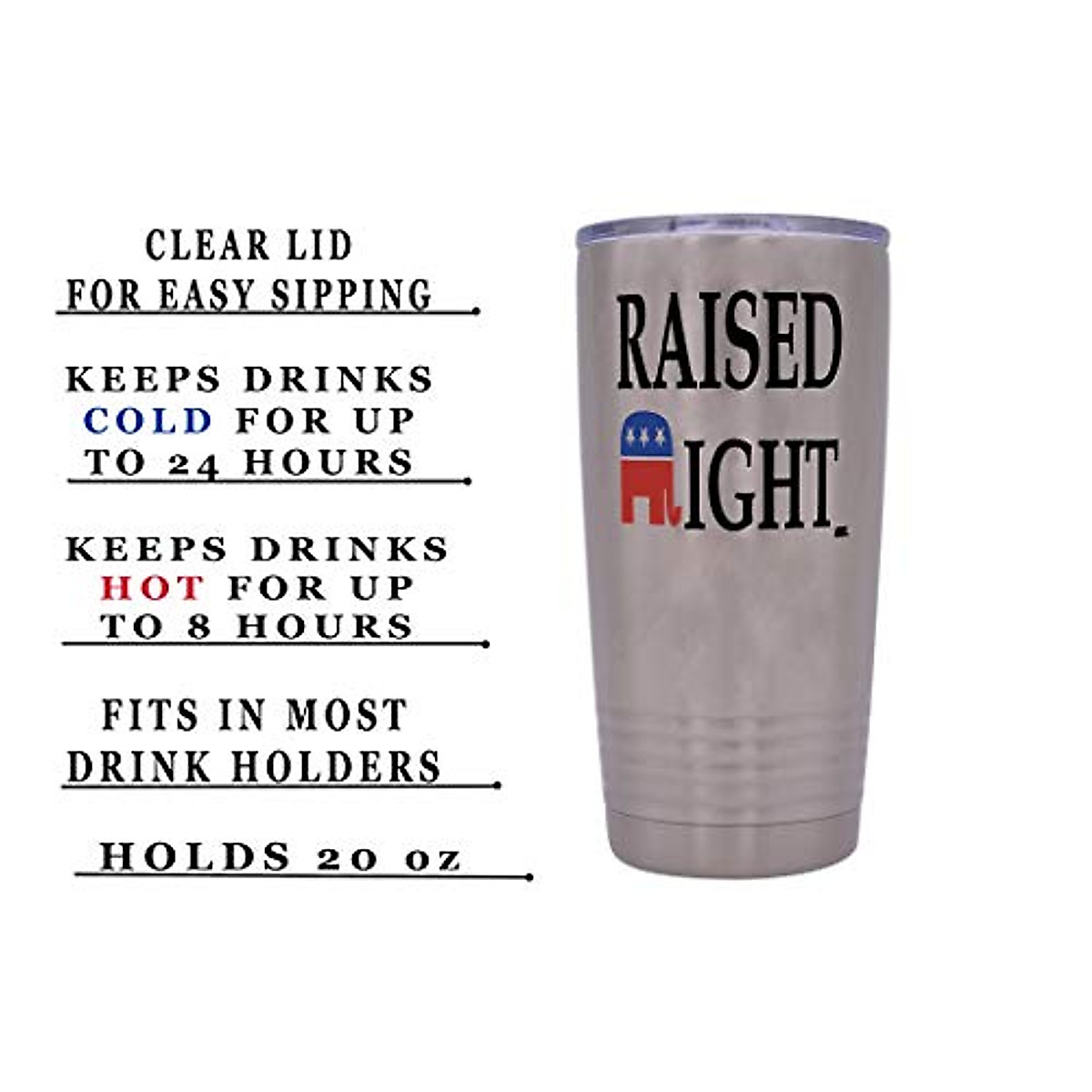 Funny Raised Right 20 Ounce Large Stainless Steel Travel Tumbler Mug Cup Gift For Conservative Or Republican Political Novelty