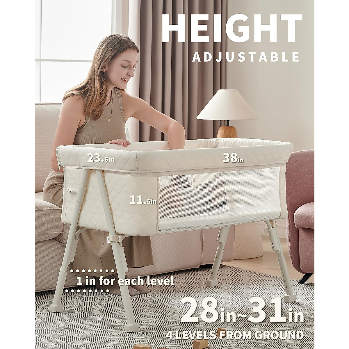 AirClub Bassinet Bedside Sleeper, Baby Crib for Newborn, Baby Bassinets Bedside Sleeper with 4 Auto-Lock & Adjustable Height, Breathable Mesh & Mattress, Bedside Bassinet