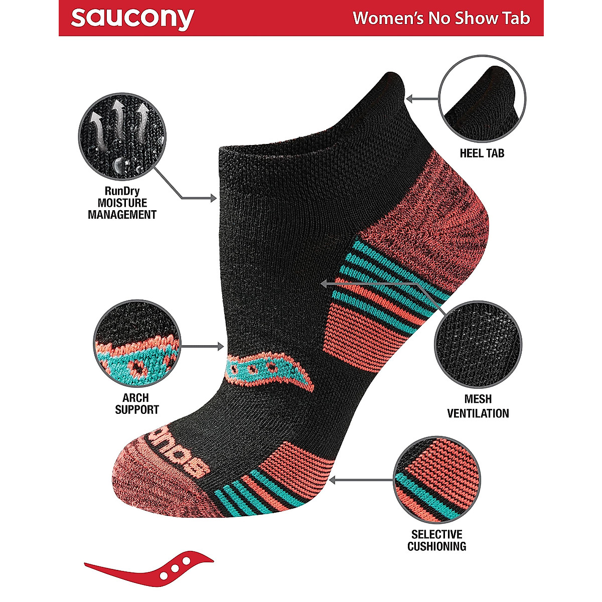 Saucony Women's RunDry Performance Heel Tab Athletic Socks, Available in S-L (8, 16, 24, Assorted Darks (8 Pairs), Small