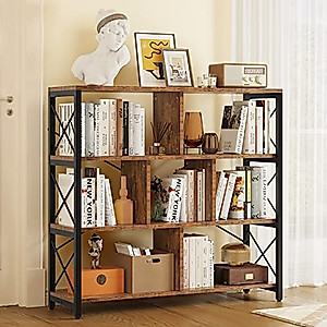 YITAHOME 4 Tier Bookshelf, Free Standing Cube Bookcases and Bookshelves, Industrial Furniture Wide Bookshelf Display Cabinet Open Storage Book Shelf for Living Room Bedroom Home Office, Rustic Brown