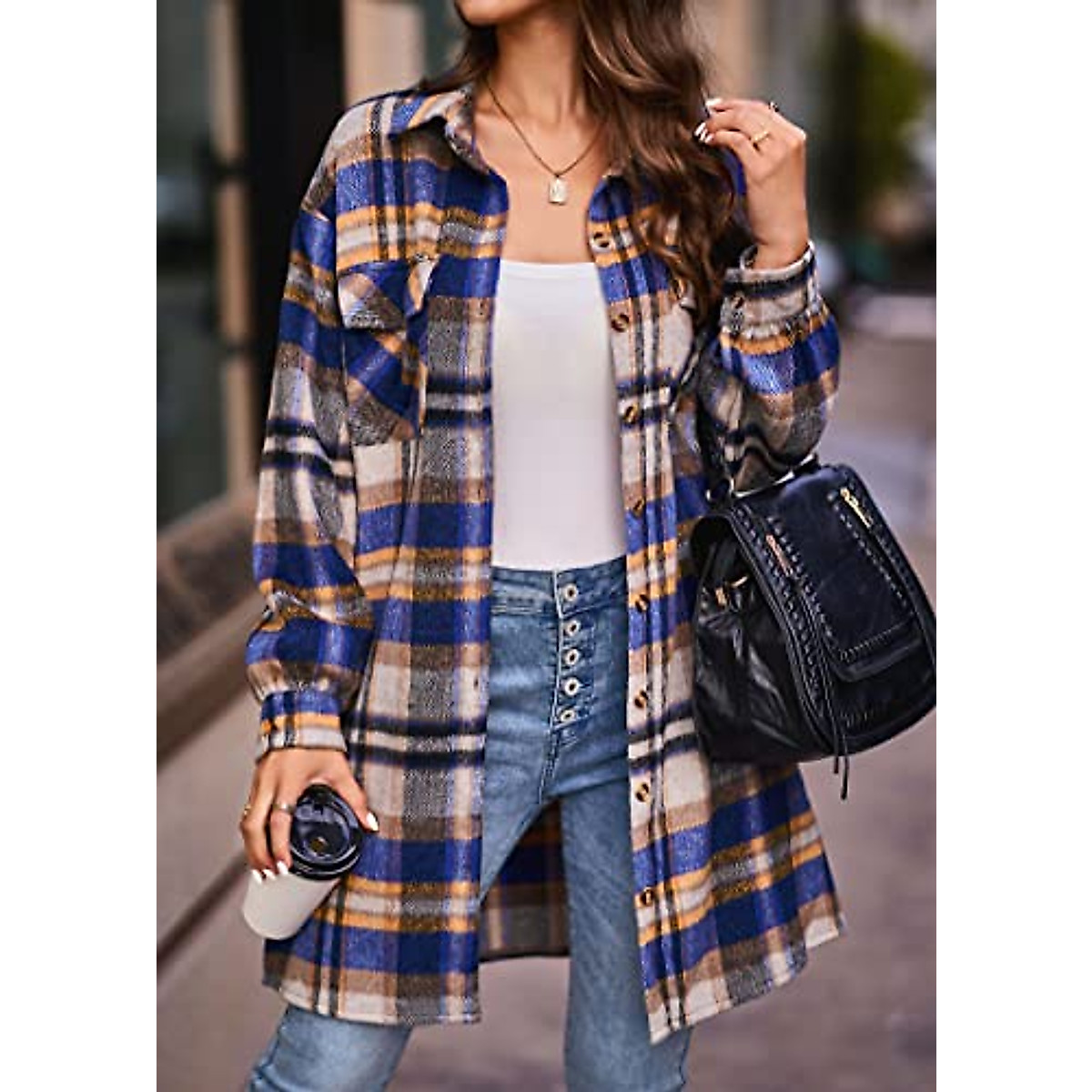 BTFBM Women's Corduroy Shacket Jacket Shirts Lapel Long Sleeve Oversized 2023 Fall Winter Button Down Shirt Dress Pocket(Plaid Royal Blue, X-Large)