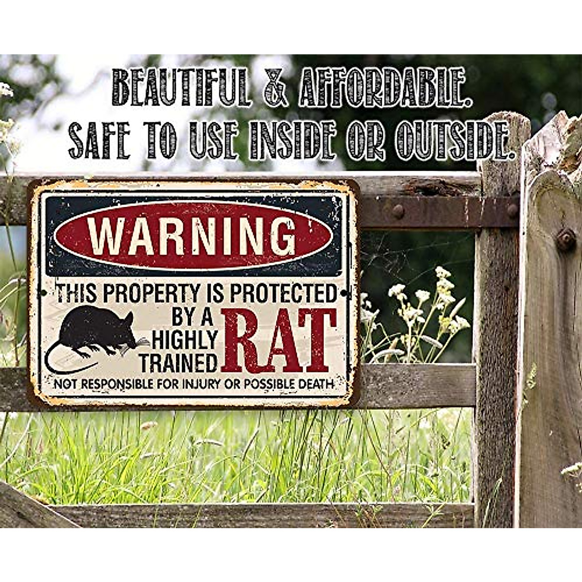 Metal Sign - Warning Property Protected By Rat - Durable Metal Sign - Use Indoor/Outdoor - Great Gift and Decor Under $20 (8" x 12")