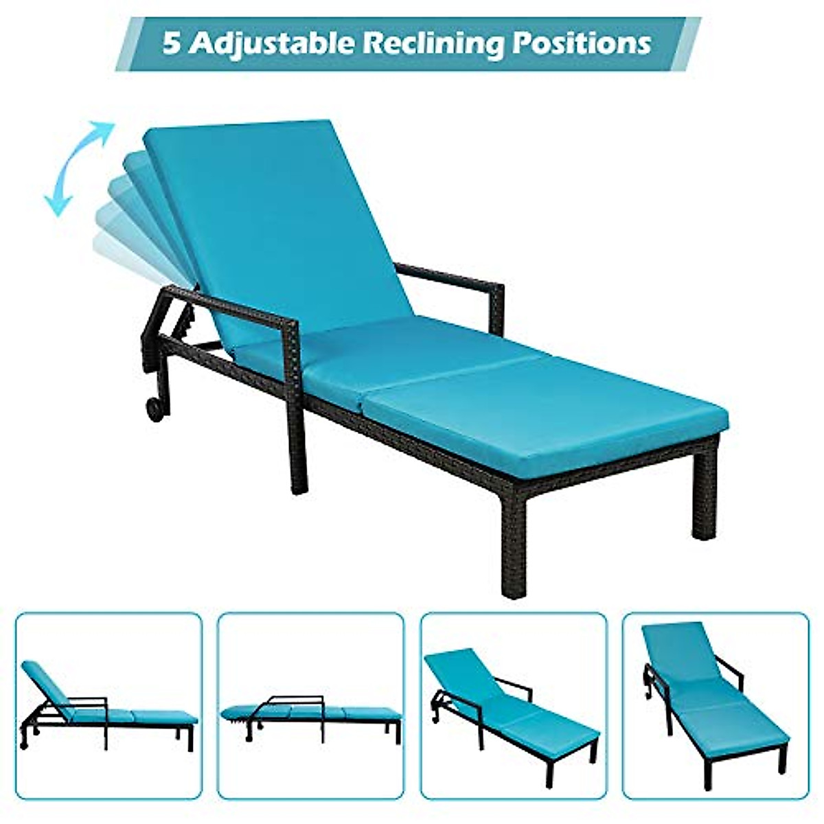 YODOLLA Outdoor Rattan Chaise Lounge Chair with Adjustable Backrest, Wicker Reclining Lounge Chair w/Removable Cushion and Wheels for Beach, Patio, Garden, Porch, Poolside, Backyard, Balcony, Blue
