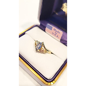 Synthetic Aquamarine Marquise March Birthstone Bypass Ring, 10k Yellow Gold, 12k Green and Rose Gold Black Hills Gold Size 8.5