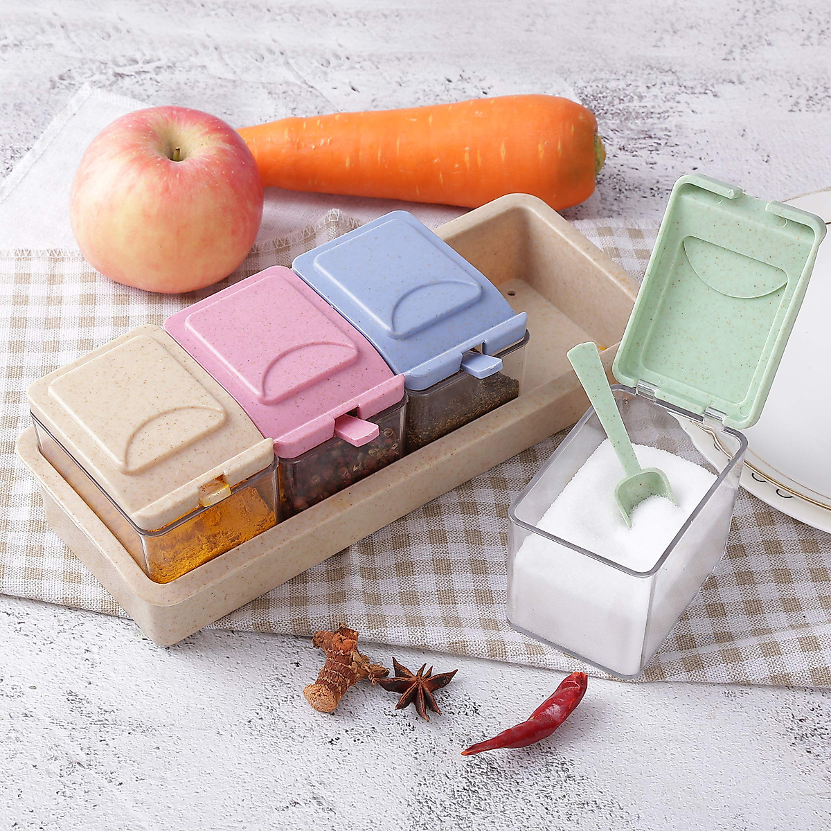 Latauar Clear Seasoning Box and Container with Cover and Spoon, Four Compartment Spice Shaker Jars and Pots, Condiment Cruet Bottle and Storage Organizer Kitchen Supplies, 24×8.6×10.2 cm