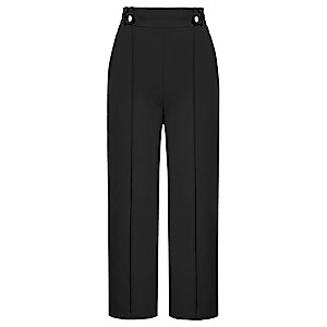 GRACE KARIN Women's Straight Leg Cropped Dress Pants Elastic High Waist Wide Leg Business Casual Slacks Capris with Pocket Black L