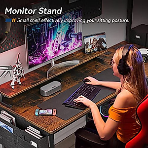 KKL 63 inch L Shaped Computer Desk with USB Charging Port & Power Outlet, L-Shaped Corner Desk with 4 Tier Drawer & Monitor Shelf for Home Office Workstation, Modern Style Writing Table, Vintage