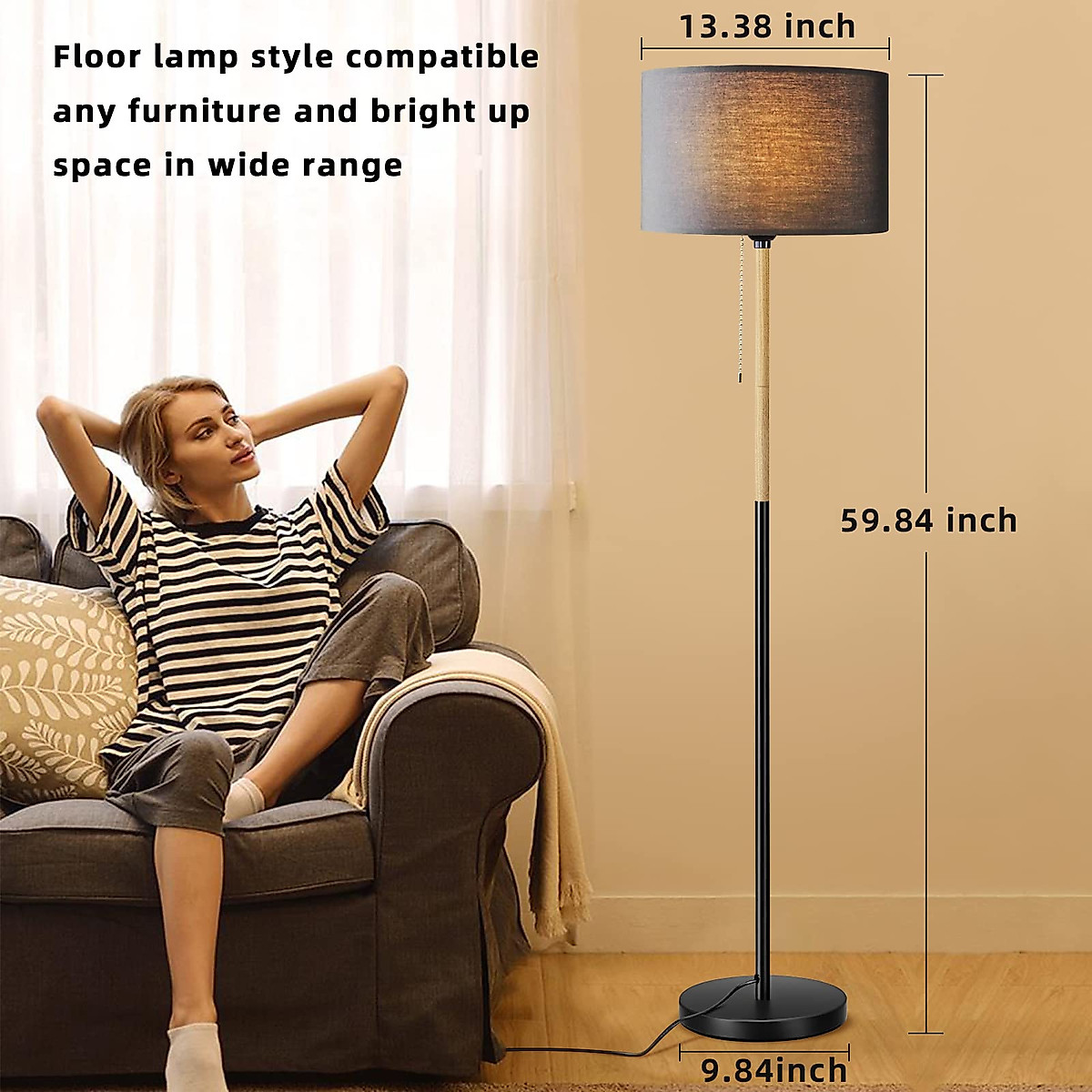 Modern Floor Lamp for Living Room Traditional Farmhouse Floor Lamps Mid-Century Pole Lamp with Linen Lamp Shade, Standing Tall Floor Lamps for Bedrooms and Office (Black)
