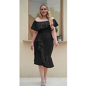 GOBLES Women's Elegant Off The Sholder Back Zipper Ruffles Bodycon Midi Cocktail Dress Black