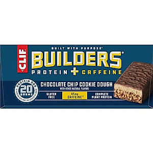 CLIF Builders + Caffeine - Chocolate Chip Cookie Dough Flavor - Protein Bars - Gluten-Free - Non-GMO - Low Glycemic - 20g Protein - 2.4 oz. (12 Count)