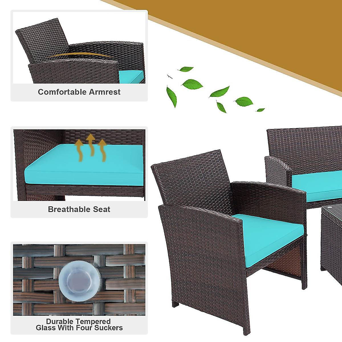 DORTALA 4 Pieces Wicker Patio Furniture Set, Outdoor PE Rattan Conversation Set with Chairs, Loveseat, Coffee Table, Cushions for Poolside, Turquoise