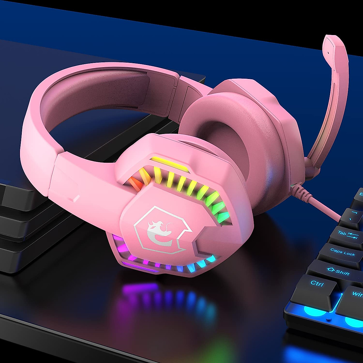 Gaming Headset with Microphone for PS4 PC Xbox One PS5 Controller,Noise Cancelling Over Ear Headphones with Adjustable Mic,Breathing RGB Light,Bass Surround,Soft Memory Earmuffs for Laptop Mac(Pink)