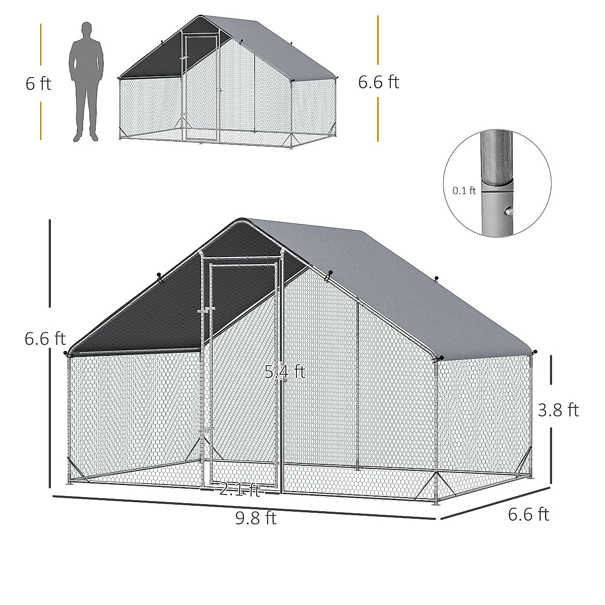 PawHut Large Chicken Coop Metal Chicken Run with Waterproof and Anti-UV Cover, Spire Shaped Walk in Fence Cage Hen House for Outdoor and Yard Farm Use, 1" Tube Diameter, 9.8' x 6.6' x 6.6'