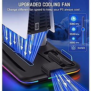 DINOSTRIKE PS5 Cooling Station with RGB Light, PS5 Stand with Cooling Fan for PS5 Disc&Digital Editions Dual Controllers Charger Station, PS5 Accessories for PS5 Console Headset Holder, 6 Game Slots