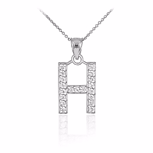 14k White Gold Diamond Initial Pendant Letter H Initial Necklace, 22"