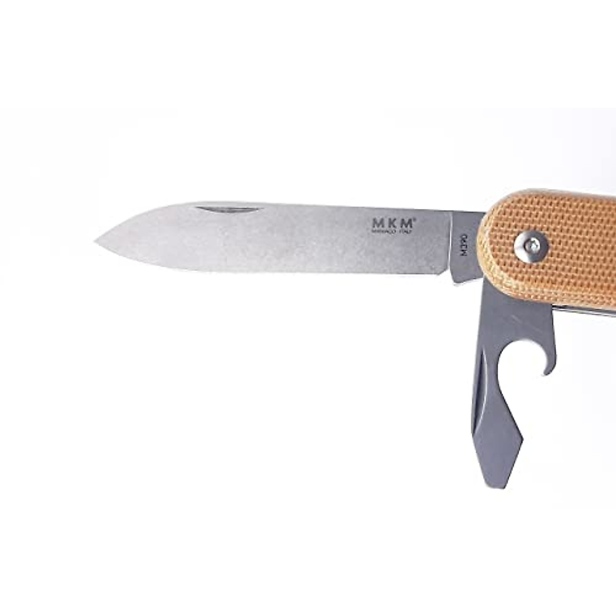 MKM Maniago Knife Makers MALGA 6 Pocket Knife and Multi Tool, Blade, Bottle Opener, Screwdriver, Can Opener, Corkscrew, Awl, and Fork, Slip Joint Mechanism, Made in Italy (Natural Micarta)