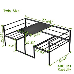 FULLJOJOR Twin Size Metal Daybed, Adjustable Sofa Bed Day Bed with Metal Slats and Convertible Built-in-Desk, No Box Spring Needed