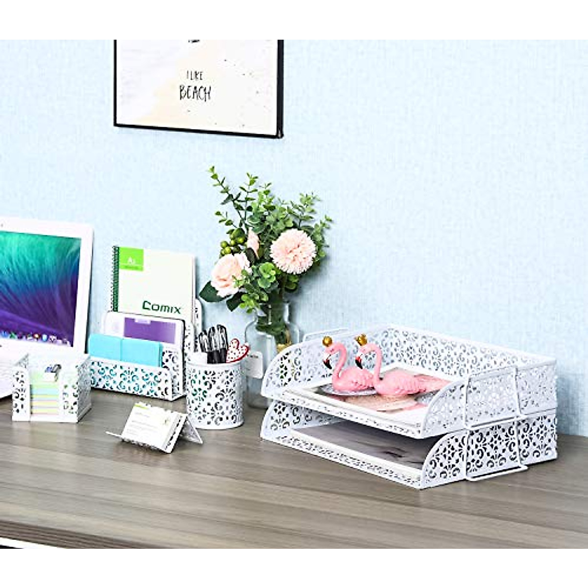 EasyPAG 5 in 1 Desk Organizer Set - 2 Tier Stackable Desk Tray,Letter Sorter, Pen Holder,Business Card Holder and Stick Note Holder,White