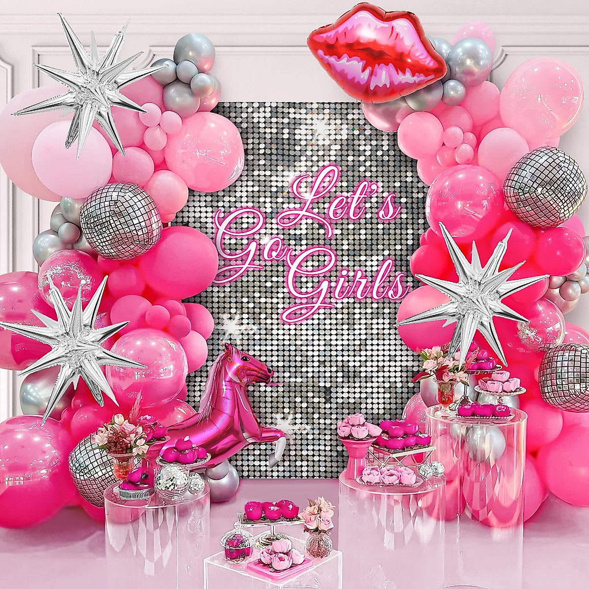 KELENO 110 Disco Cowgirl Party Decorations Birthday Supplies Pink Balloons Garland Arch Kit Horse Disco Ball Kiss Foil Balloons Sequin Backdrop Tablecloth Girl Western Bachelorette Bridal Party Decor