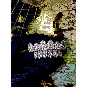 18K White Gold Plated CZ Cluster Custom Slugs Top Bottom Grillz Mouth Teeth Grills Set - Grillz, Teeth Cap, Iced Out Grillz (Silver Top & Bottom Set)