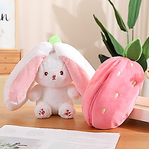 Mukorolee Bunny Plush Doll Toy Pillow, Reversible Carrot Strawberry Bunny Stuffed Animal with Zipper, Cute Rabbit Decoration for Kids & Adult Birthday Party Gift (1pcs 7" Strawberry)