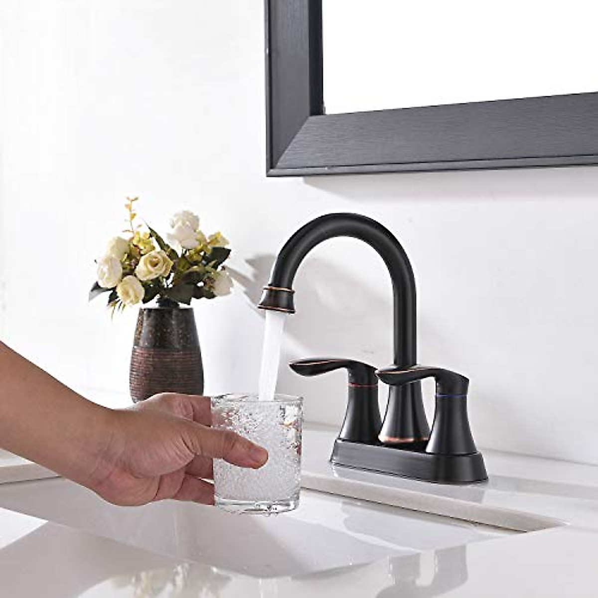 Comllen Oil Rubbed Bronze Bathroom Faucet Centerset 4 Inch Two Handle Bathroom Sink Faucet with Swivel Spout Bronze Faucet for Bathroom Sink Without Pop up Drain Water Supply Lines