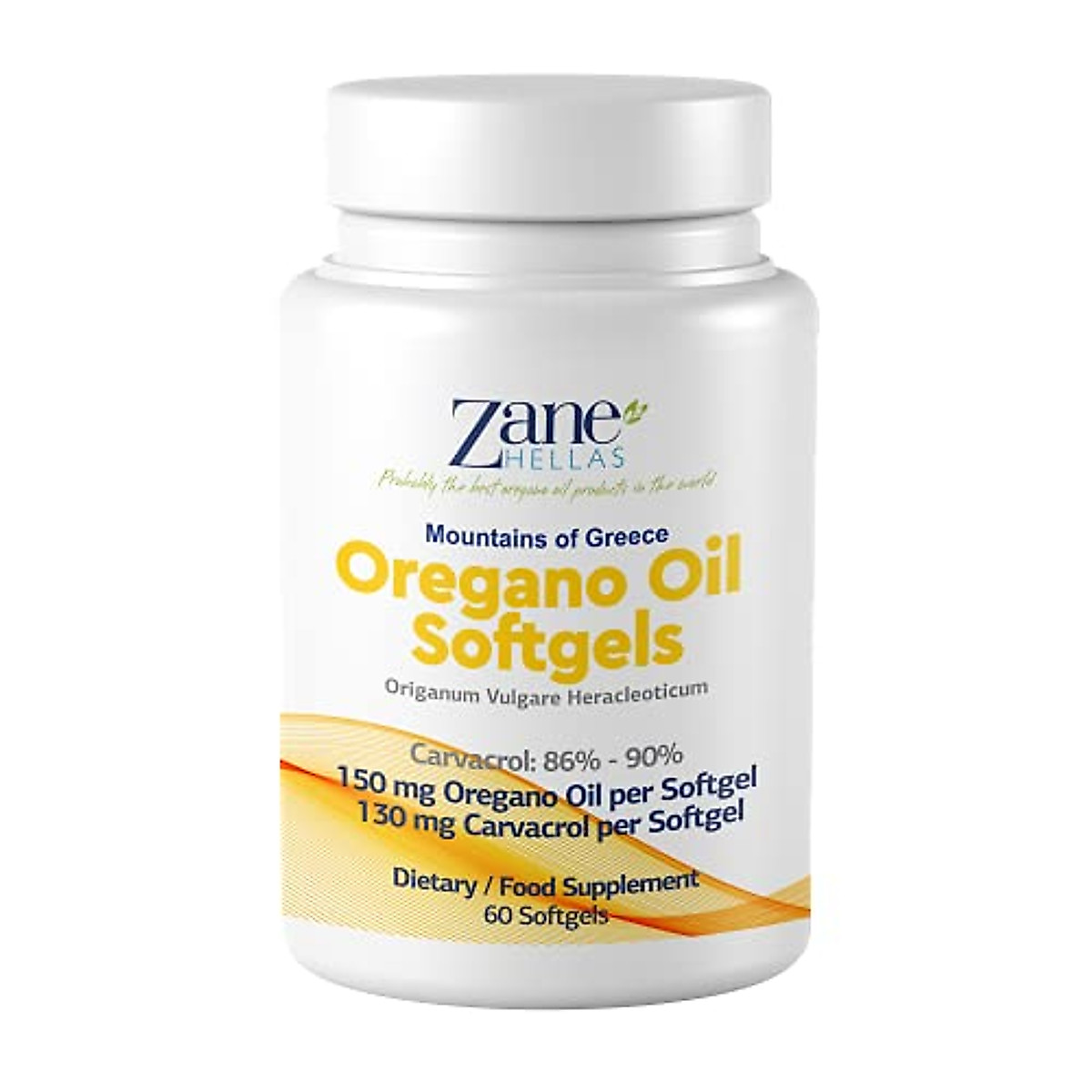 130 mg Carvacrol - 150 mg Oregano Oil per Softgel. World Highest Concentration Oregano Oil Capsule. Zane Hellas Oregano Oil. Softgel Contains 30% Greek Essential Oil of Oregano. 60 Softgels.