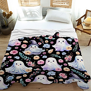 Cute Halloween Blanket for Girls Boys Black Ghost Flower Blanket for Women Men Soft Lightweight Throw Cozy Blankets for Bedding Couch Sofa Decor XS 30×40in for Leg/Pet