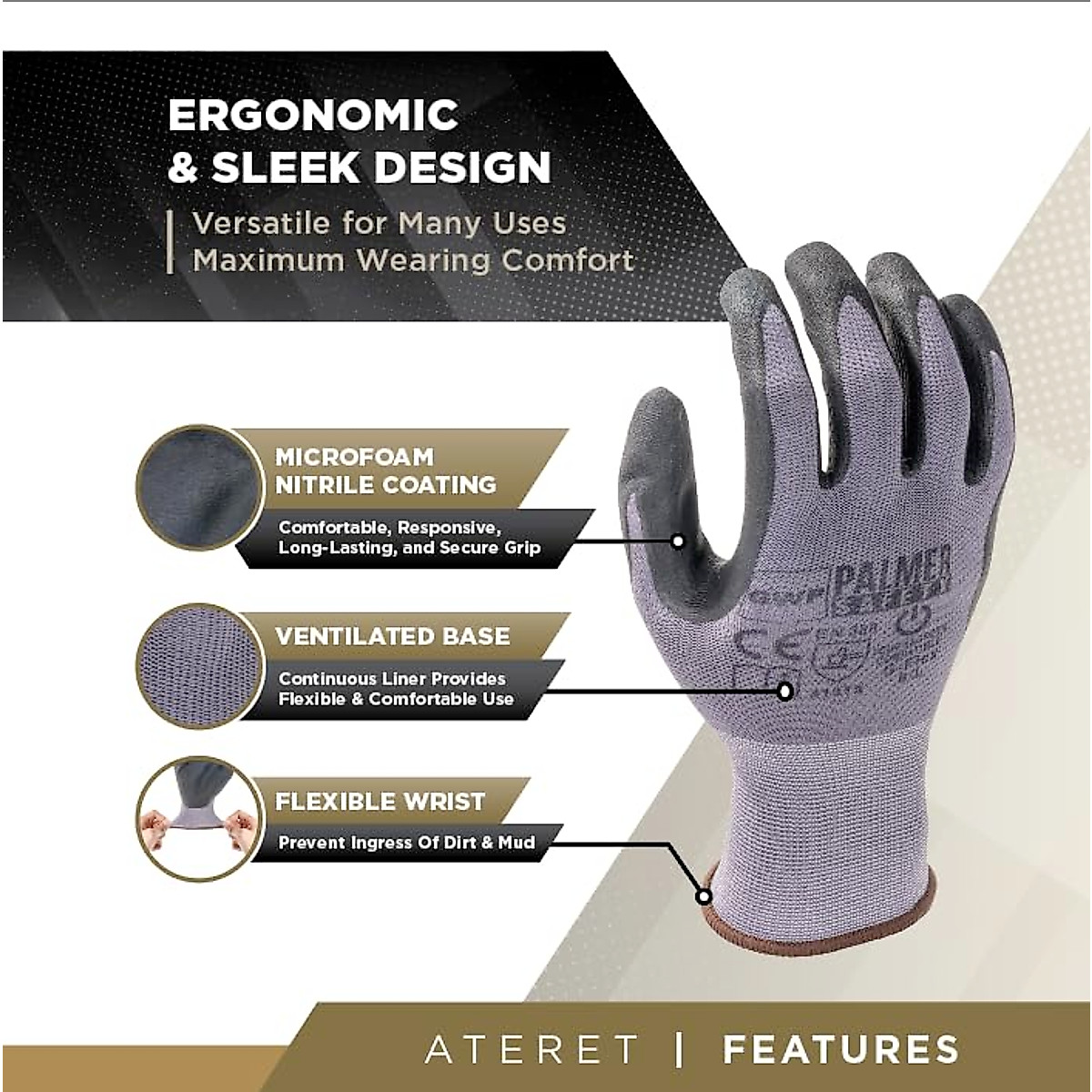 ATERET Palmer Safety 12 Pairs Large Safety Work Gloves I Microfoam Nitrile Coated Gloves I Working Gloves for Construction Warehouse Home Improvement