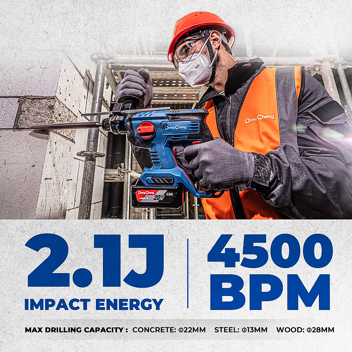 DongCheng 20V Max Cordless Rotary Hammer Drill, 7/8" SDS-Plus, 4 Application Modes, Brushless, 2.1 Joules, Cordless Demolition Hammer for Concrete, Including 4.0Ah Battery and Charger, 4 Drill Bits