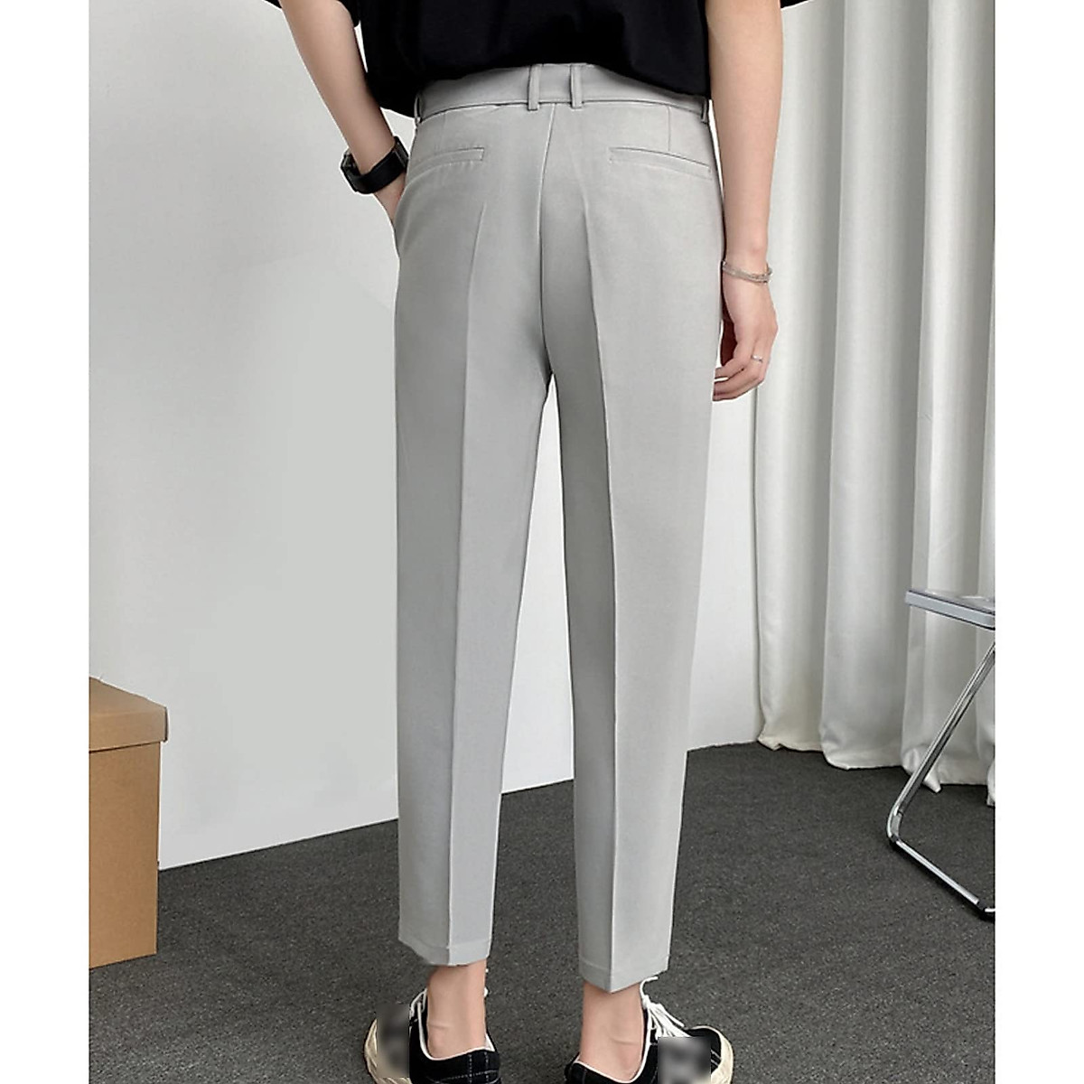 Maiyifu-GJ Men's Straight Leg Stretch Pant Summer Casual Slim Suit Pant Solid Color Lightweight Business Trousers Streetwear (Light Grey,31)