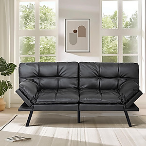 MUUEGM Faux Leather Futon Sofa Bed, Convertible Memory Foam Couch Bed, Modern Love Seat for Living Room,Compact Space,Apartment,Office,Adjustable Backrests Armrests Couch Sleeper,71" Matte Black