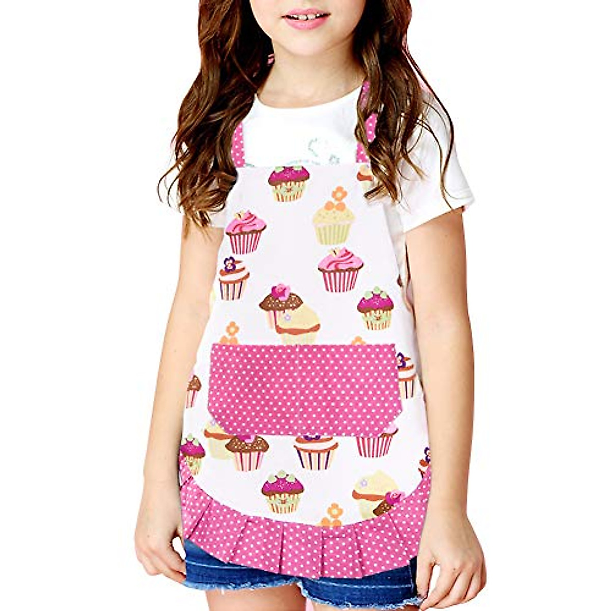 Claswcalor 100% Cotton Kids Girls Aprons, Cute Toddler Cupcake Baking Apron Adjustable Kitchen Pink Apron for Children Daughters Little Girls