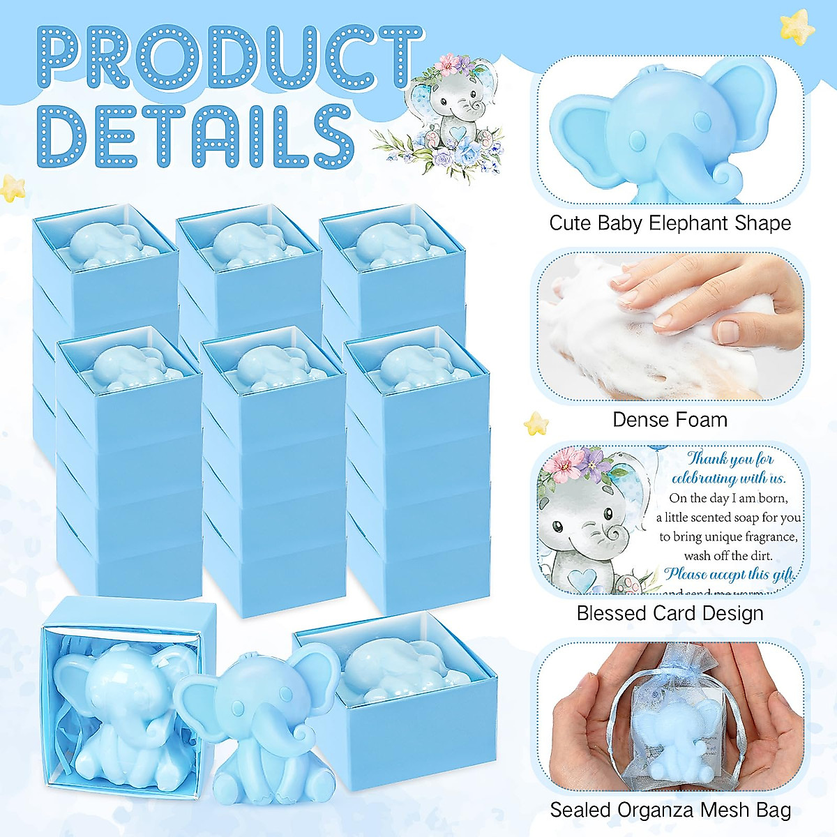 Maxcheck 50 Pcs Baby Shower Elephant Soaps Favors with Organza Bags Thank You Cards Handmade Cute Scented Soap Elephant Decorations Bulk for Guests Girl Boy Baby Shower Gifts Party Souvenirs(Blue)