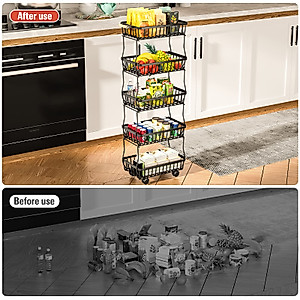 Fruit Vegetable Basket, 4 Tier Fruit Vegetable Storage Cart, Vegetable Basket Bins Rack for Onions and Potatoes, Rolling Utility Cart for Kitchen Pantry Bedroom Living Room, with Handle