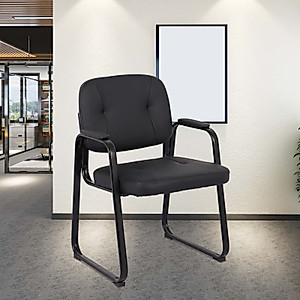 CLATINA Waiting Room Guest Chair Leather Reception Chairs with Bonded Leather Padded Arm Rest Upholstered Fabric Seat Sled Base for Conference Reception Office Home Side Desk Chair Black (2 Pack)