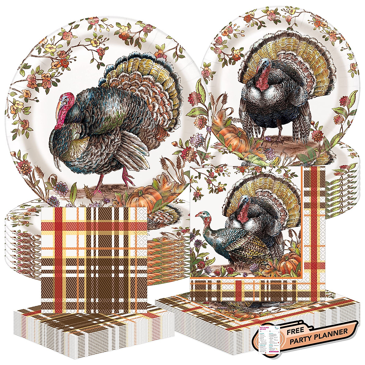 Unique Plaid Turkey Dinnerware Bundle for 8 - Dessert and Dinner Plates, 16 Luncheon & Beverage Napkins - Fall Family Thanksgiving Party Set Decorations Supplies Paper Disposable