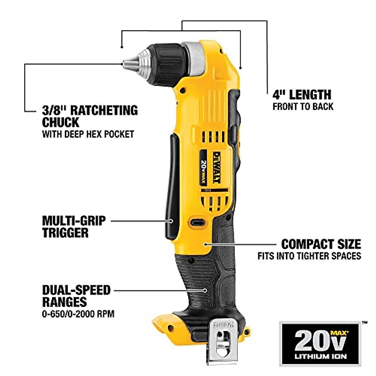 DEWALT, DCD740B, 20V MAX RT ANGLE DRILL/DRVR TOOL ONLY