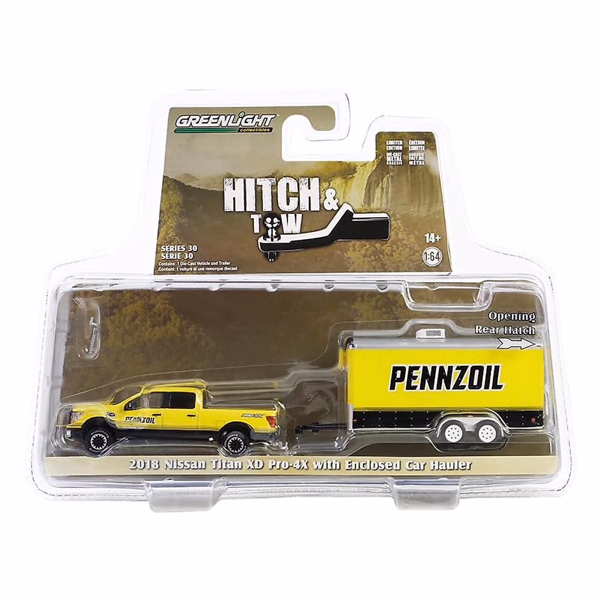 Collectibles Greenlight 32300-D Hitch & Tow Series 30-2018 Titan XD Pro-4X with Enclosed Car Hauler – Pennzoil 1:64 Scale Diecast