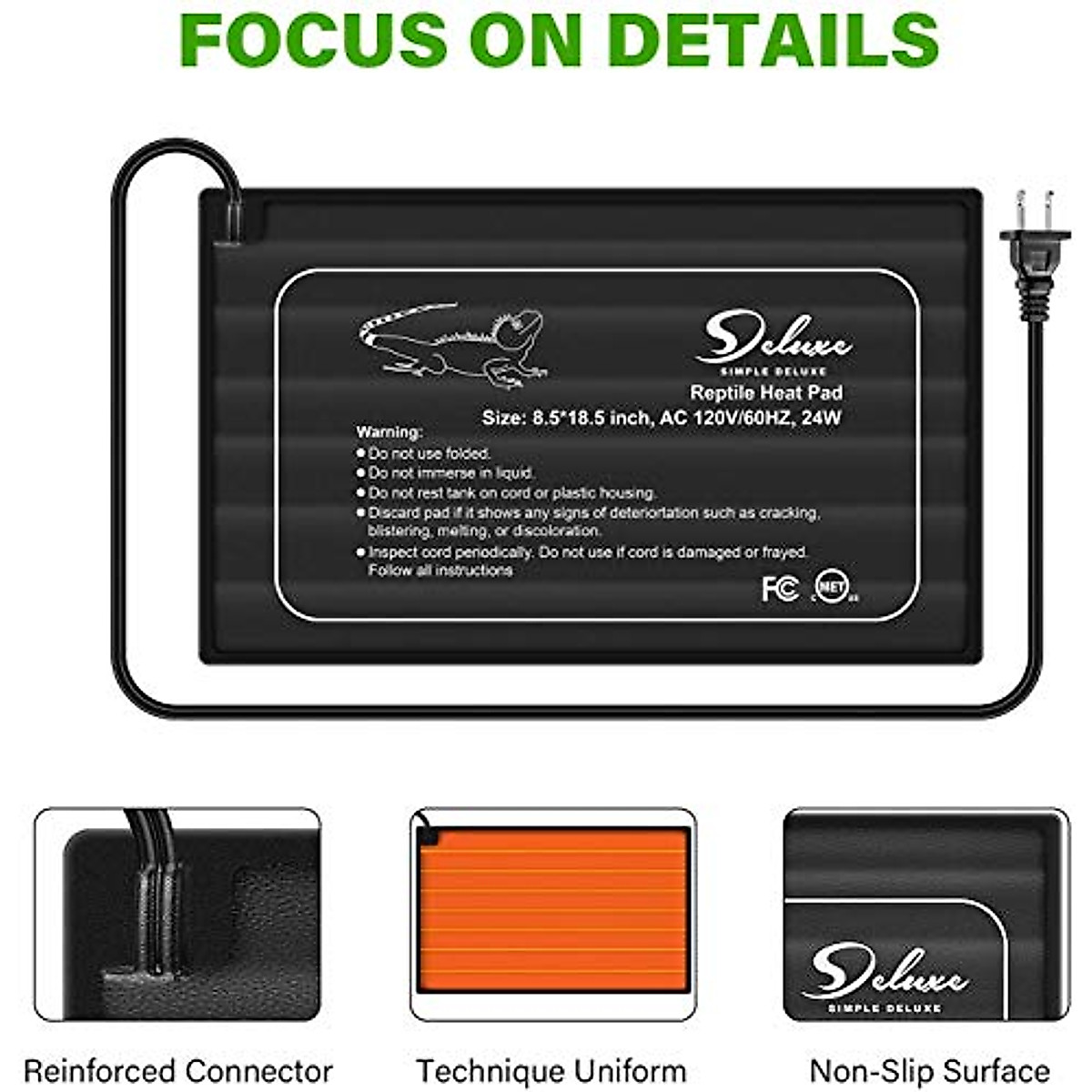 Simple Deluxe 8.5 X 18.5 Inch 24W Reptile Heating Pad with 2-Probe Digital Thermometer and Hygrometer Under Tank Heater Terrarium Warmer Heat Mat for Amphibians and Reptiles Pet, Black