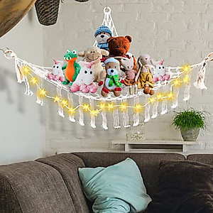 EKDJKK Stuffed Animal Hammock Macrame Plush Toy Net Hammock for Stuffed Animals with Light Pet Net for Stuffed Animals Corner Hanging Stuffed Animal Storage Holder Teddy Bear Net for Kids Room