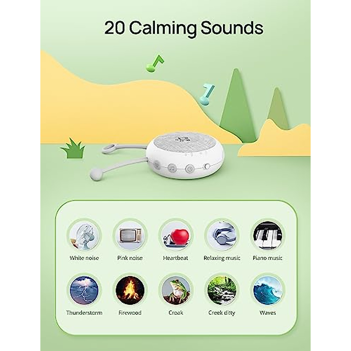 JolyWell White Noise Machine - Portable Sound Machine for Baby & Adult, Baby Sound Machine with Night Light, Powerful Battery, 20 Soothing Sounds, Noise Canceling for Sleeping, Travel & Office, White
